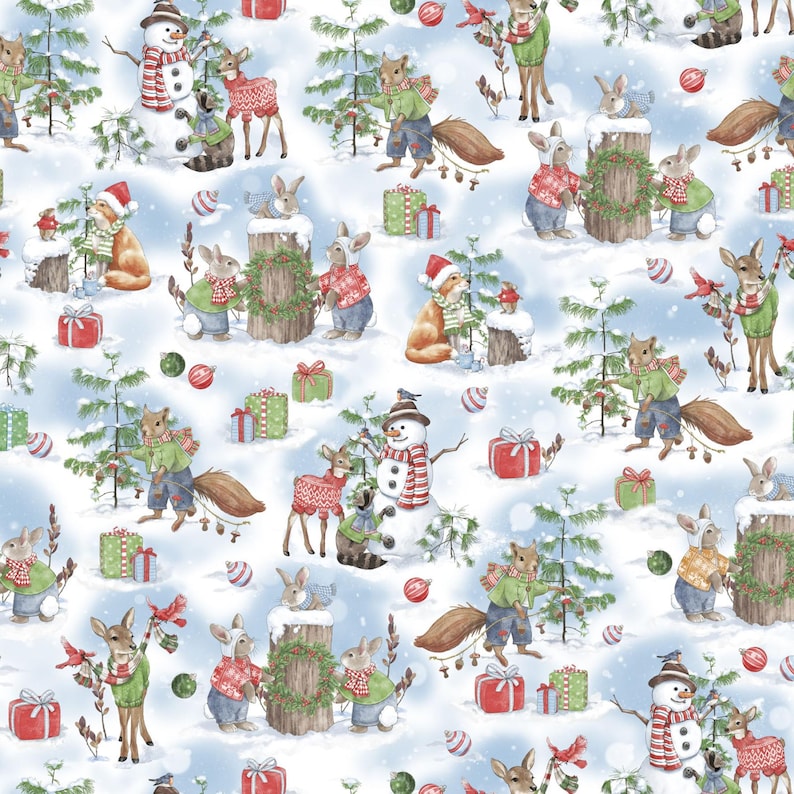 Fabric *FROST & FABLE* SNOWMAN and Forest Animals All Over - New!! 100% ...