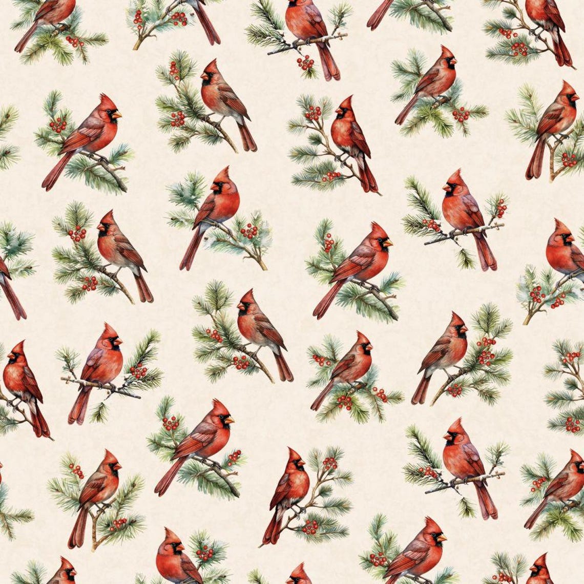 Fabric WINTER CARDINALS on CREAM - New! 100% Premium Cotton and Always ...