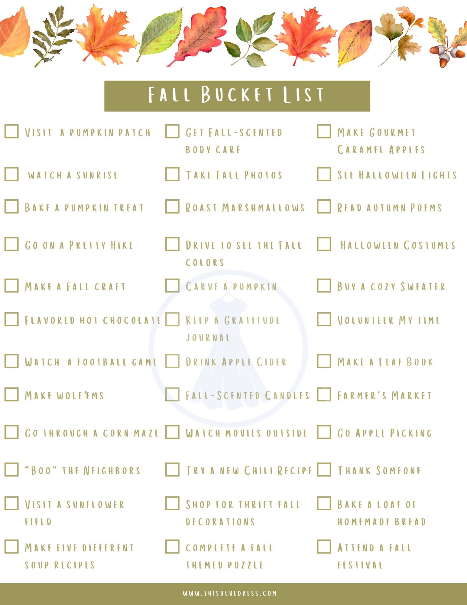 Fall Bucket List, Unique Fall Activities Checklist, Autumn Things to Do ...