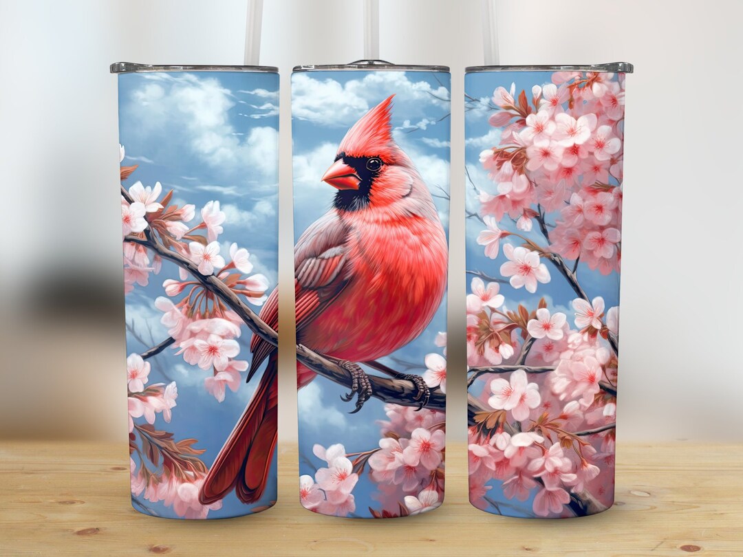 3D Red Cardinal Bird Flowers 20 Oz Skinny Tumbler, Sublimation Design ...