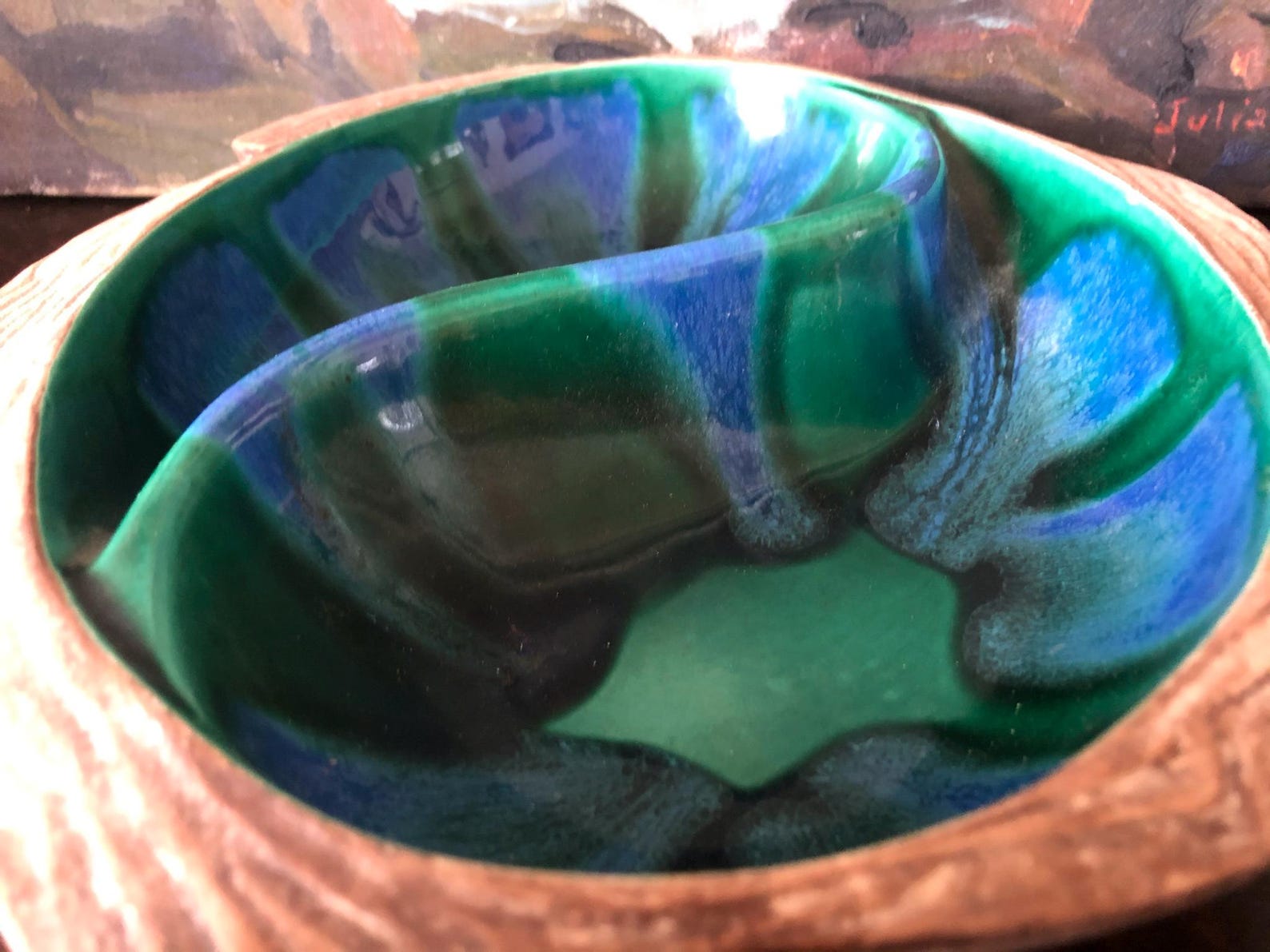 Vintage Scalloped Drip Glaze Pottery Divided Bowl Vintage Divided ...