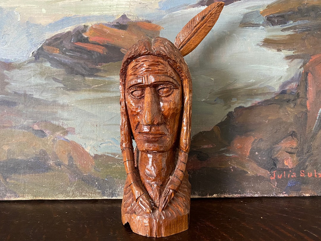 Vintage Native American Hand Carved Wood Folk Art Bust Vintage Native ...