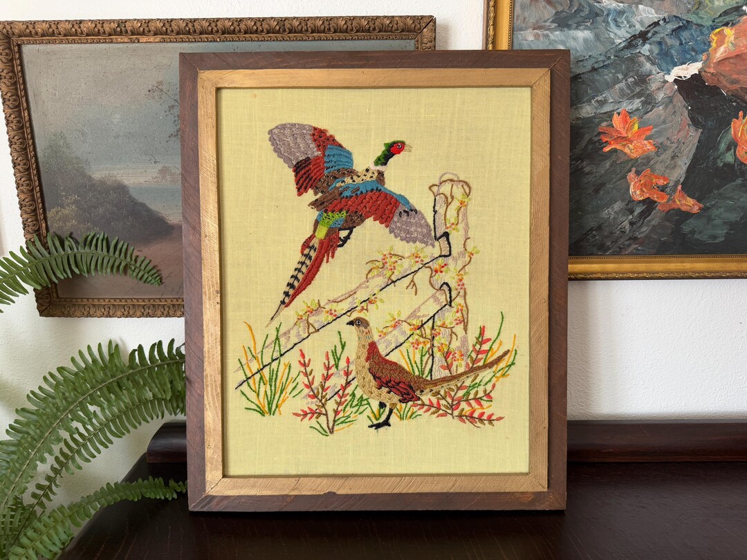 Mid-century Hand-stitched Pheasant Crewel Embroidery Art Framed - Etsy