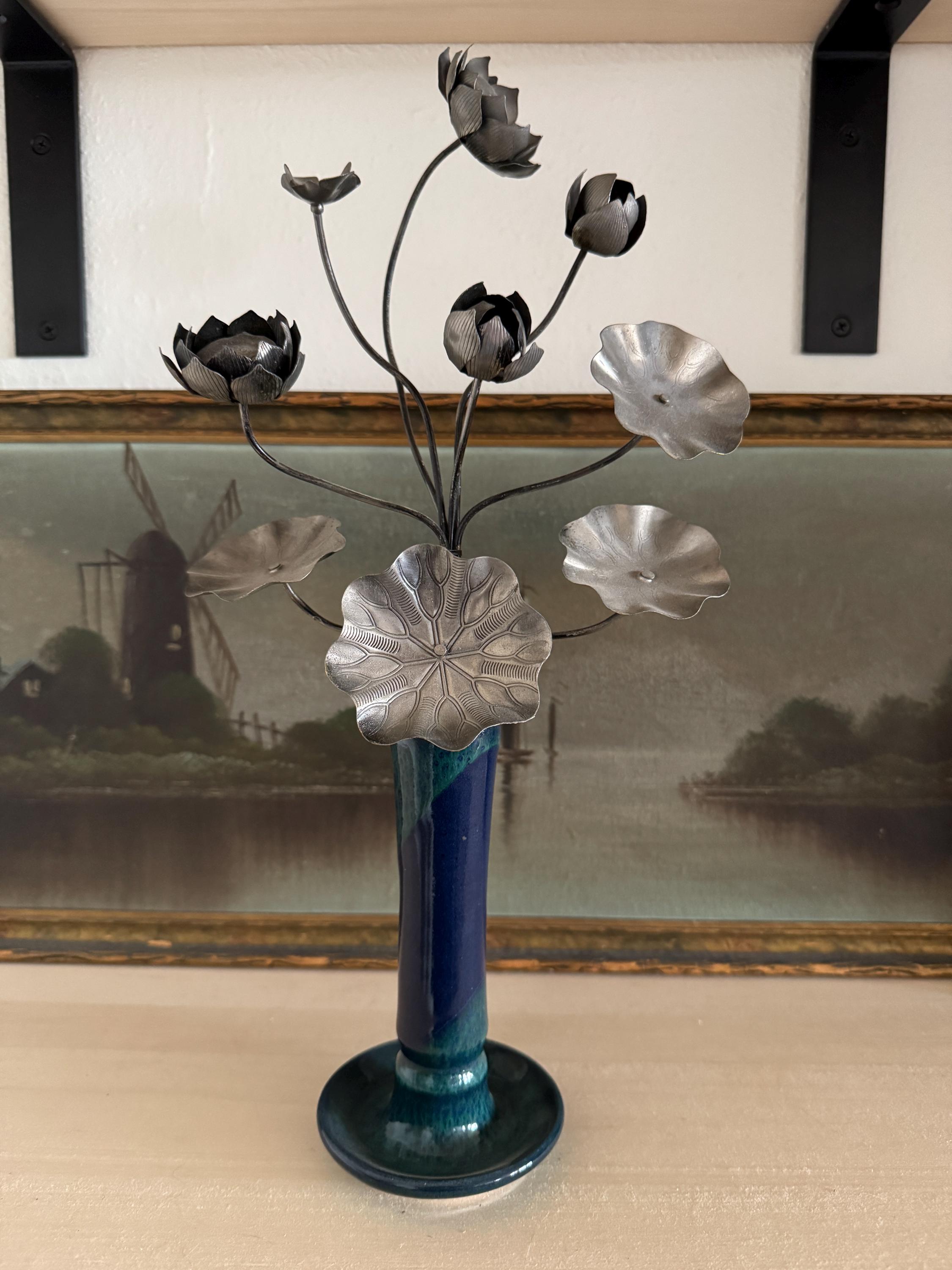 Vintage Japanese "joka" Temple Metal Lotus Flowers in Signed Pottery ...