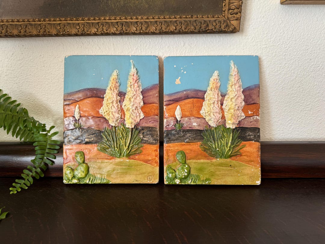 Vintage Yucca Pottery Tile Pair Vintage Hand Painted Pottery Tiles ...
