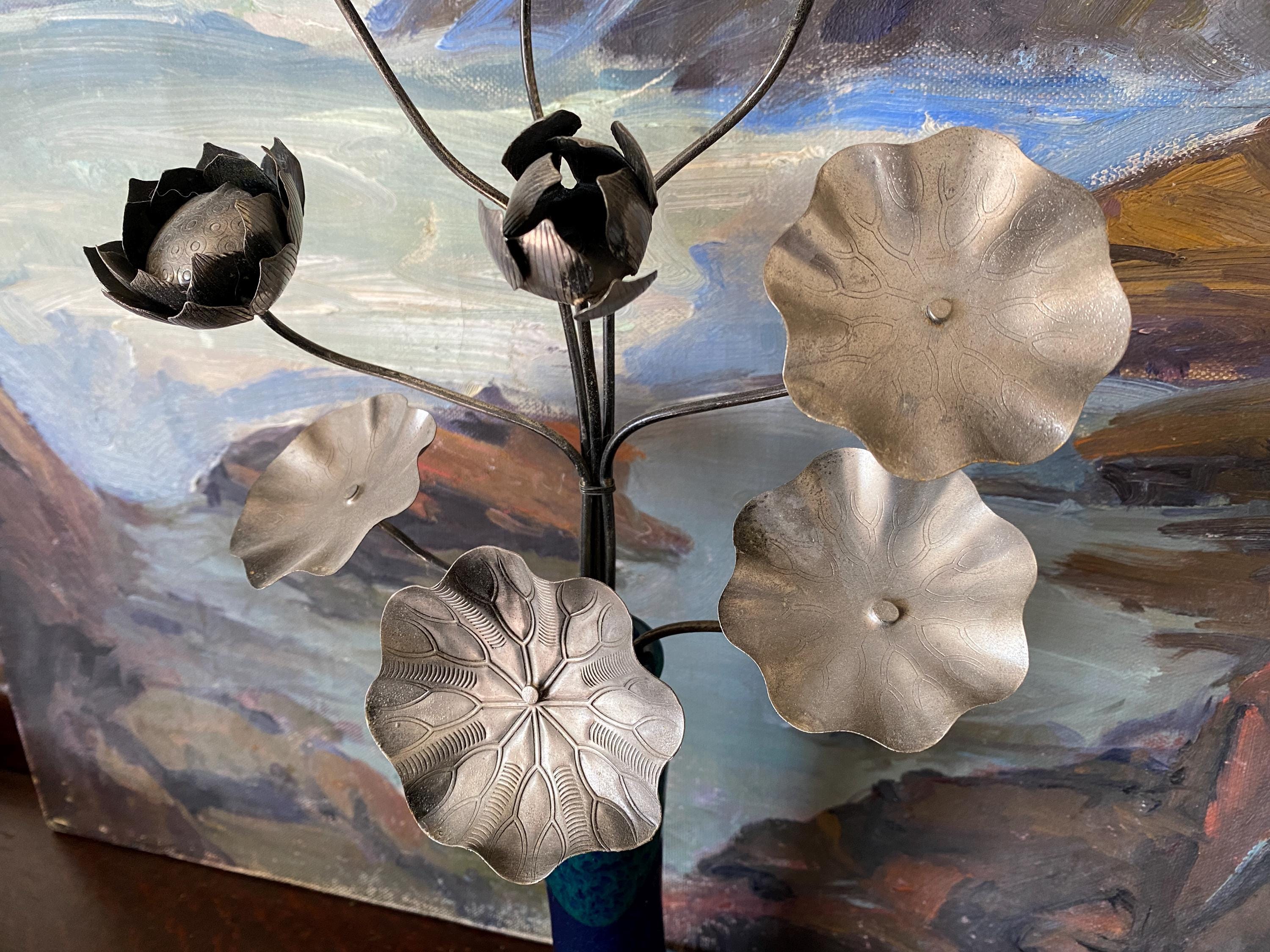 Vintage Japanese "joka" Temple Metal Lotus Flowers in Signed Pottery ...