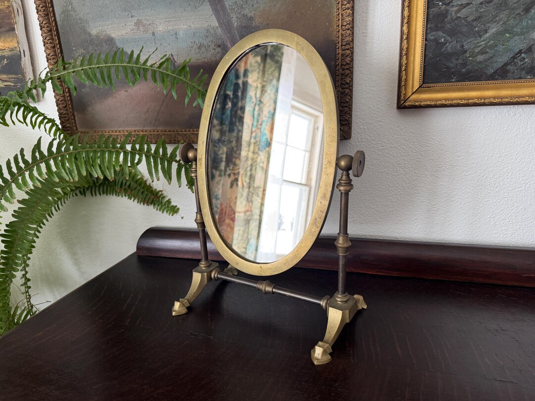 Vintage Brass Tabletop Shaving Vanity Dresser Tilting Mirror on Stand ...