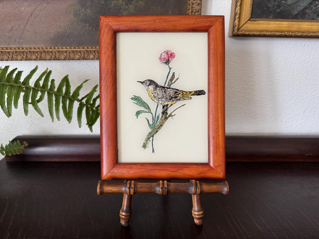 Vintage Bird Tinsel Art Vintage Framed Reverse Glass Painting With Foil ...