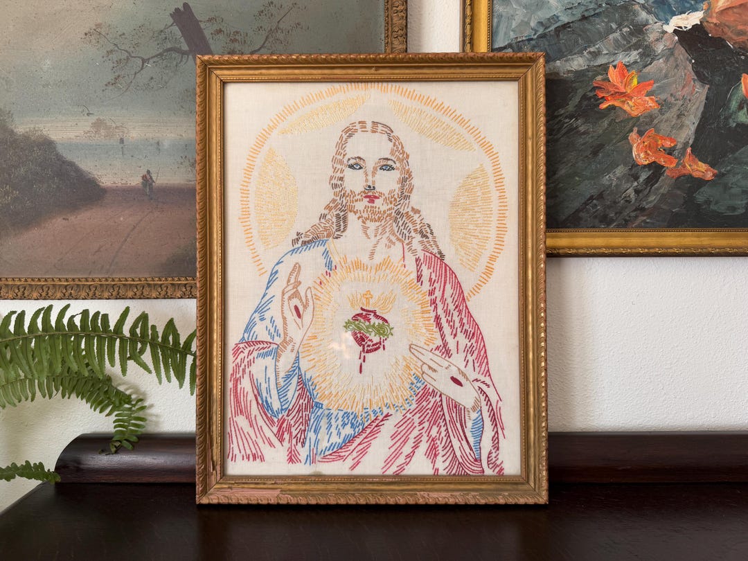 Vintage 1940s Jesus Needlepoint Vintage Sacred Heart of Jesus ...