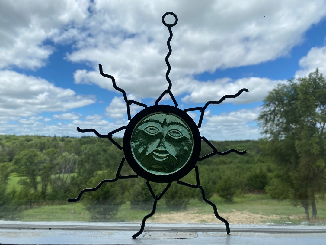 Vintage Celestial Glass Sun Face Suncatcher Vintage Green Glass Moon ...
