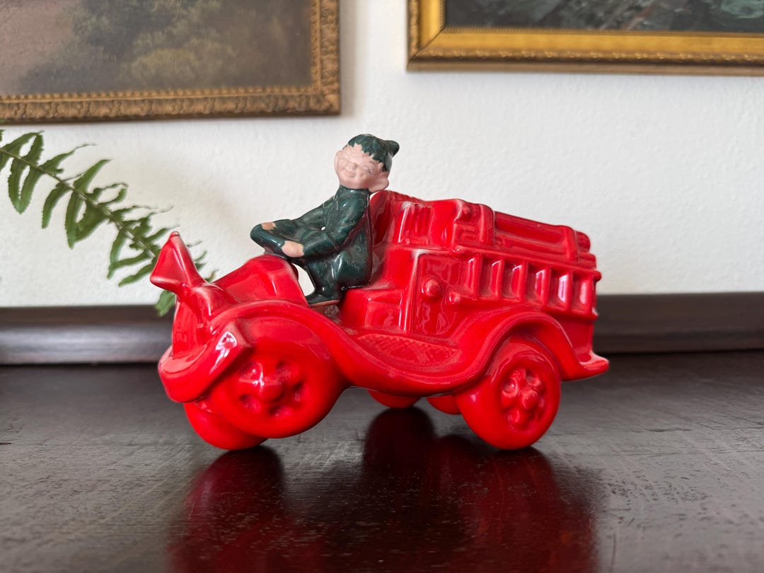 Vintage MCM Elf in Fire Truck Vase Vintage Fae in Fire Engine Plant Pot ...