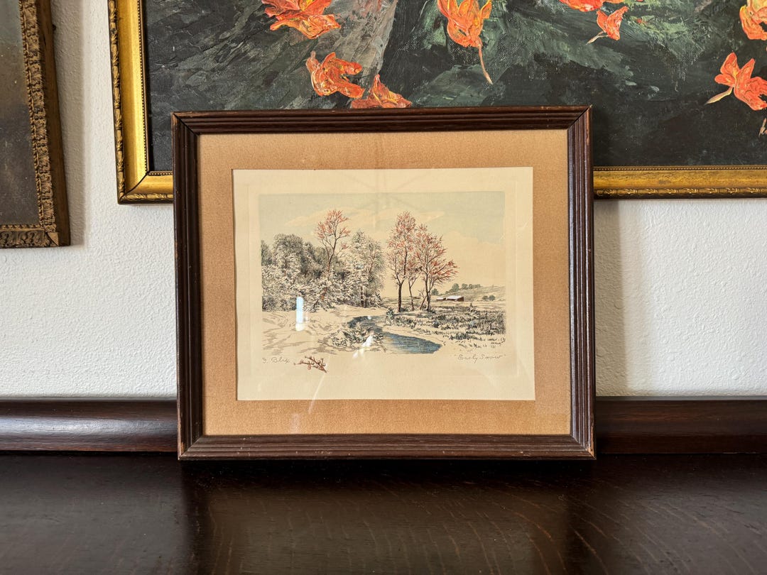 Vintage Hand-colored early Snow Etching Vintage Framed Blix Etching ...