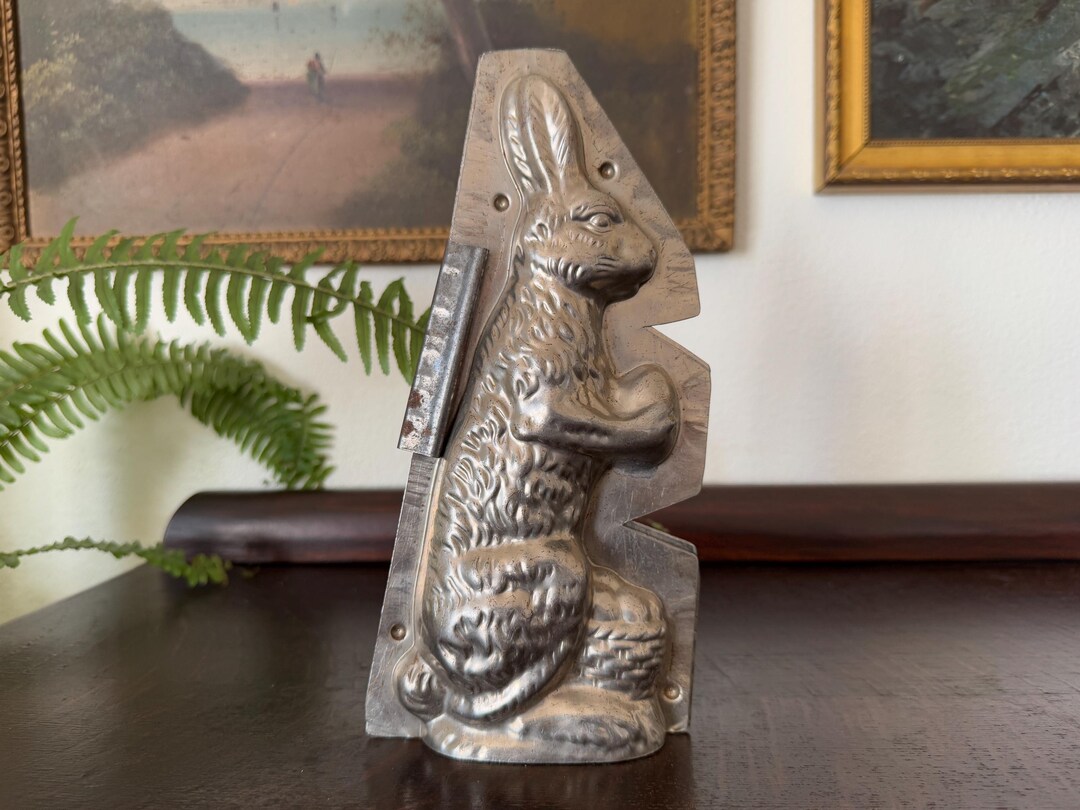 Vintage 9-3/4" Two-part Metal Rabbit With Egg or Easter Bunny Chocolate ...