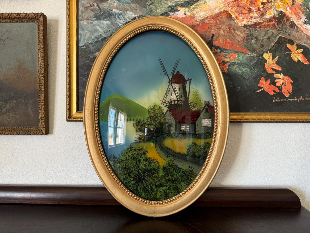 Antique "summer in Holland" Convex Reverse Glass Painting Antique ...