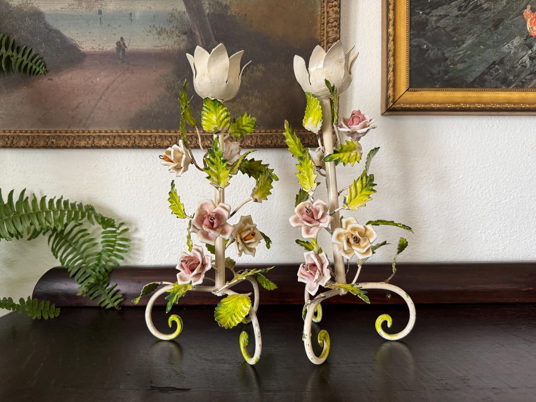2 Vintage Italian Tole Floral Candlestick Holders Vintage Toleware Rose ...