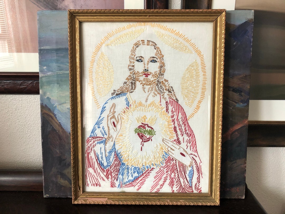 Vintage Sacred Heart of Jesus Needlework Vintage Jesus Christ ...