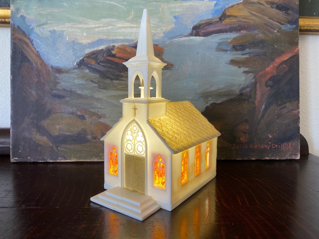 Vintage Musical Celluloid Light up Church Vintage Christmas Church Lamp ...