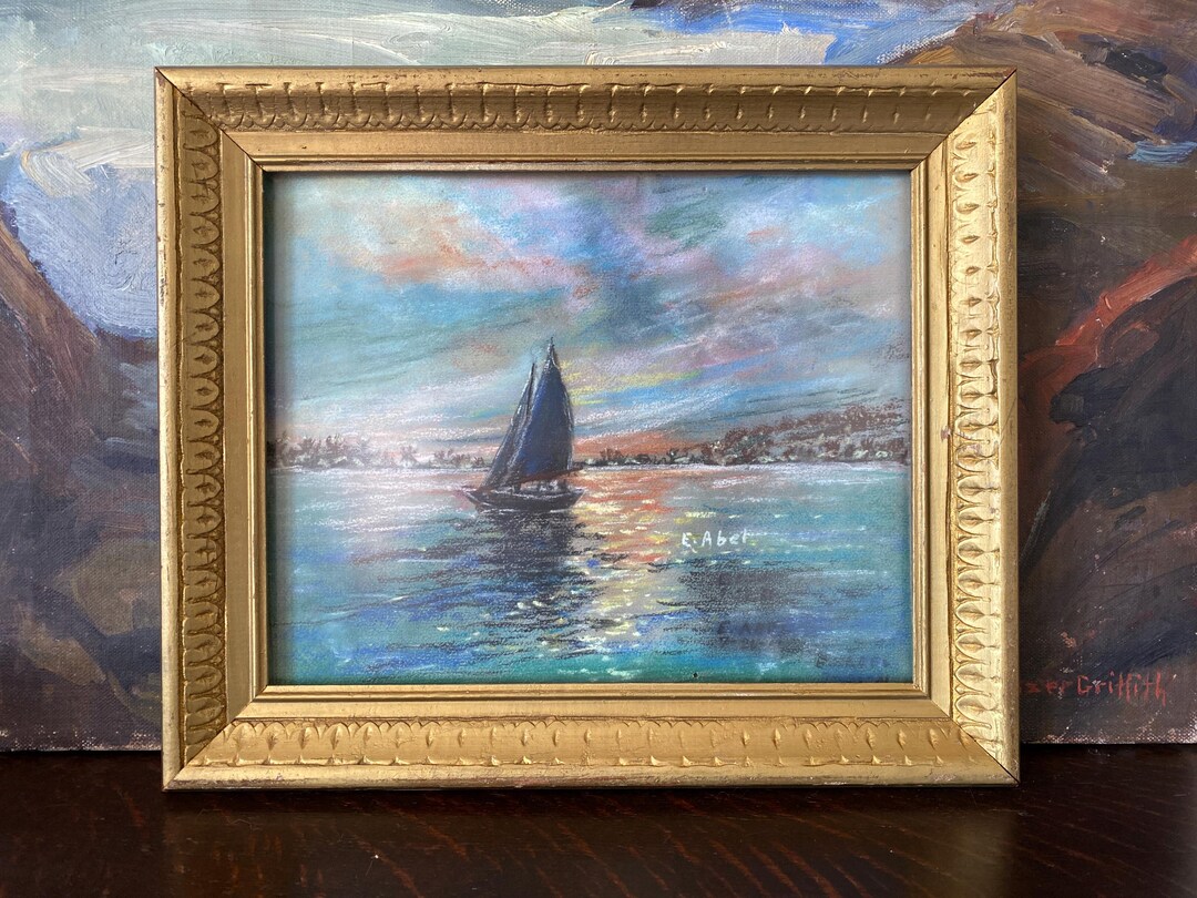 Vintage Tonalist Sailboat Pastel Painting Vintage Framed Sunset Sailing ...