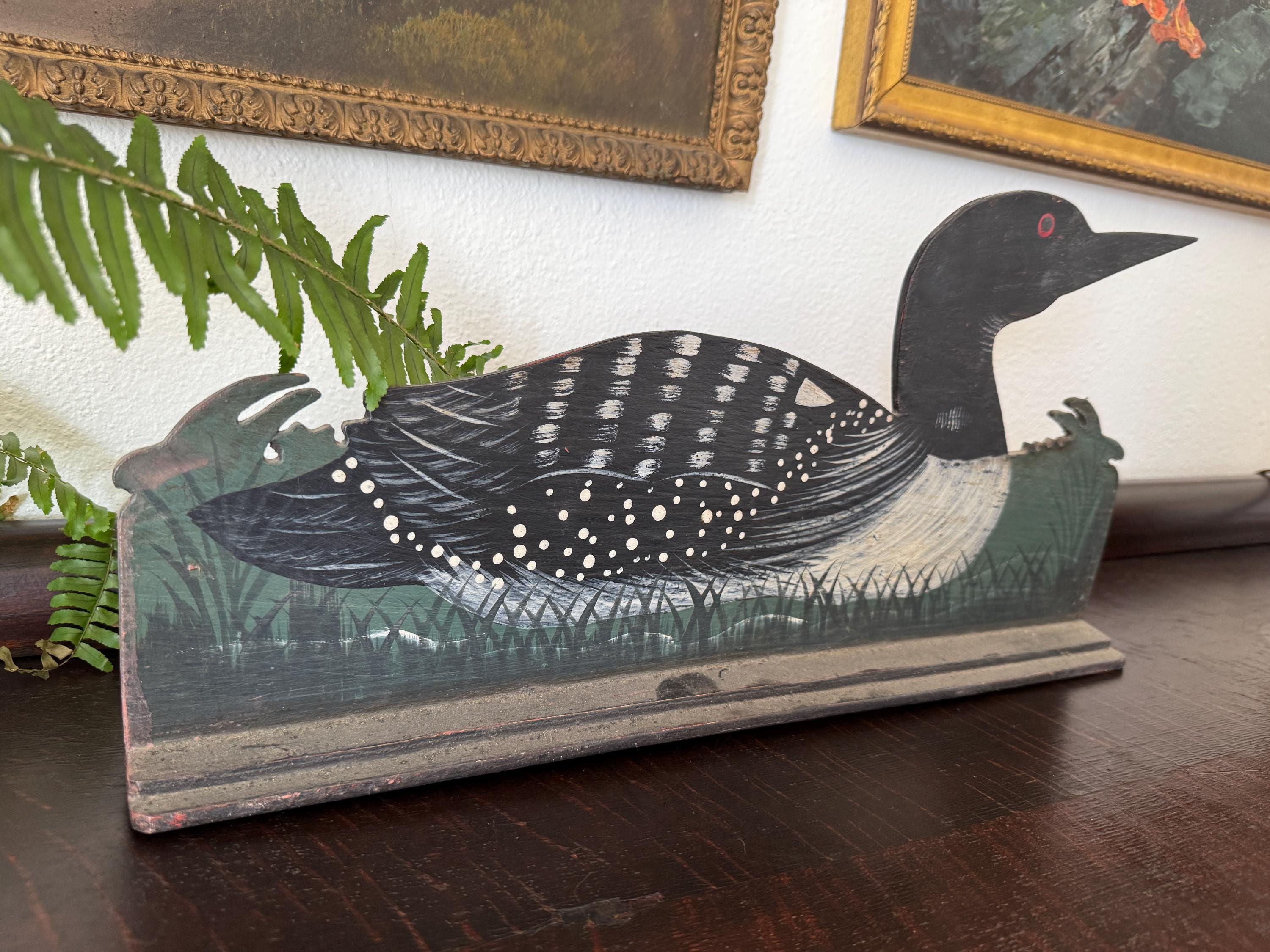 Mid-20th Century Folk Art Common Loon Wooden Mantel Decor Hand-carved ...