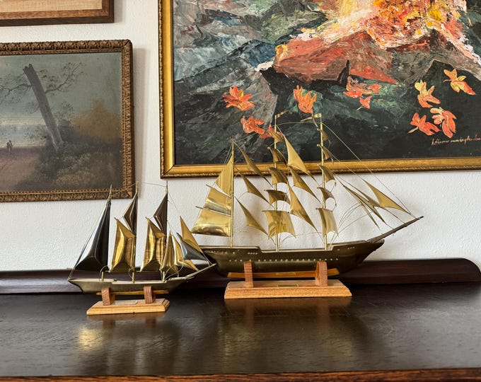 2 Vintage Brass Model Ships Vintage 1937 Portuguese Sagres III & 1965 ...