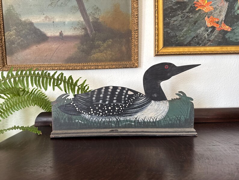Mid-20th Century Folk Art Common Loon Wooden Mantel Decor Hand-carved ...