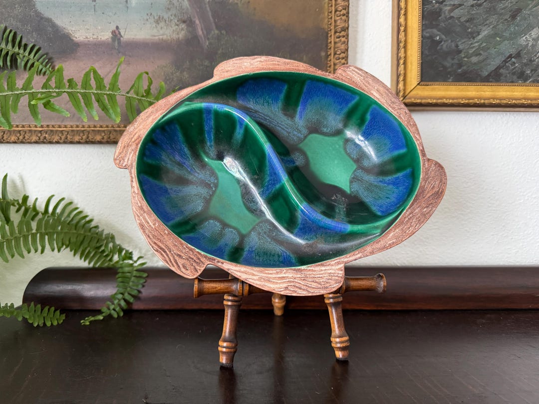 Vintage Scalloped Drip Glaze Pottery Divided Bowl Vintage Divided ...