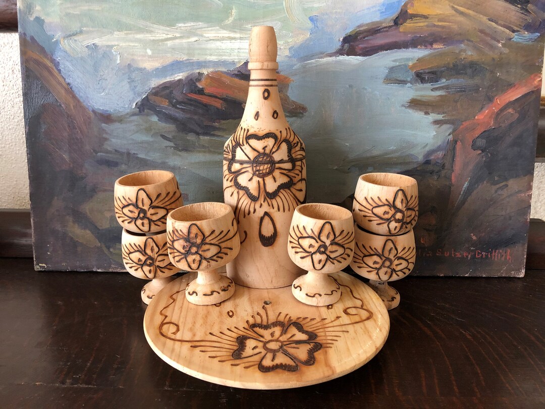 Vintage Pyrography Folk Art Decanter With 6 Wooden Stem Cups and ...