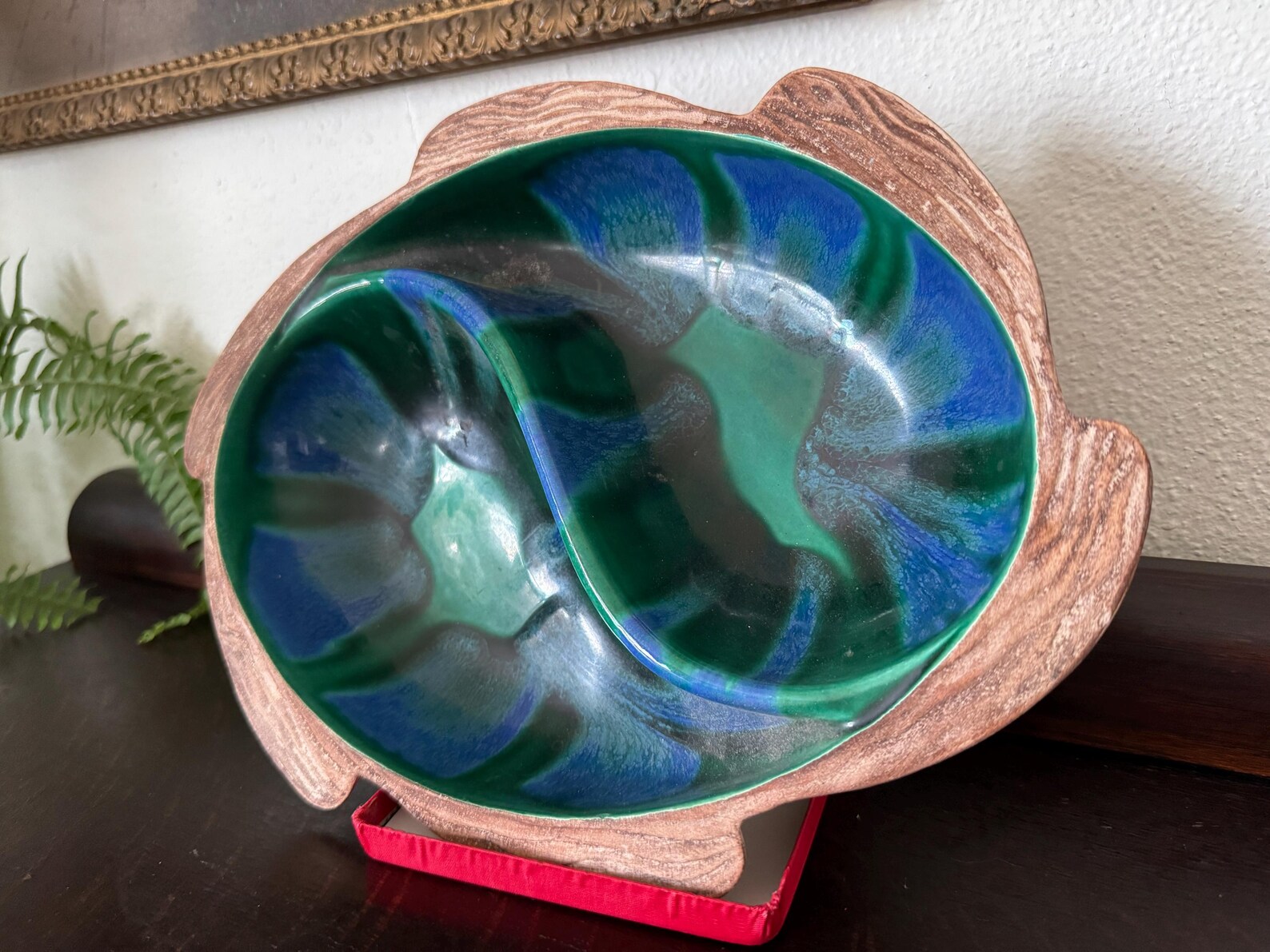 Vintage Scalloped Drip Glaze Pottery Divided Bowl Vintage Divided ...