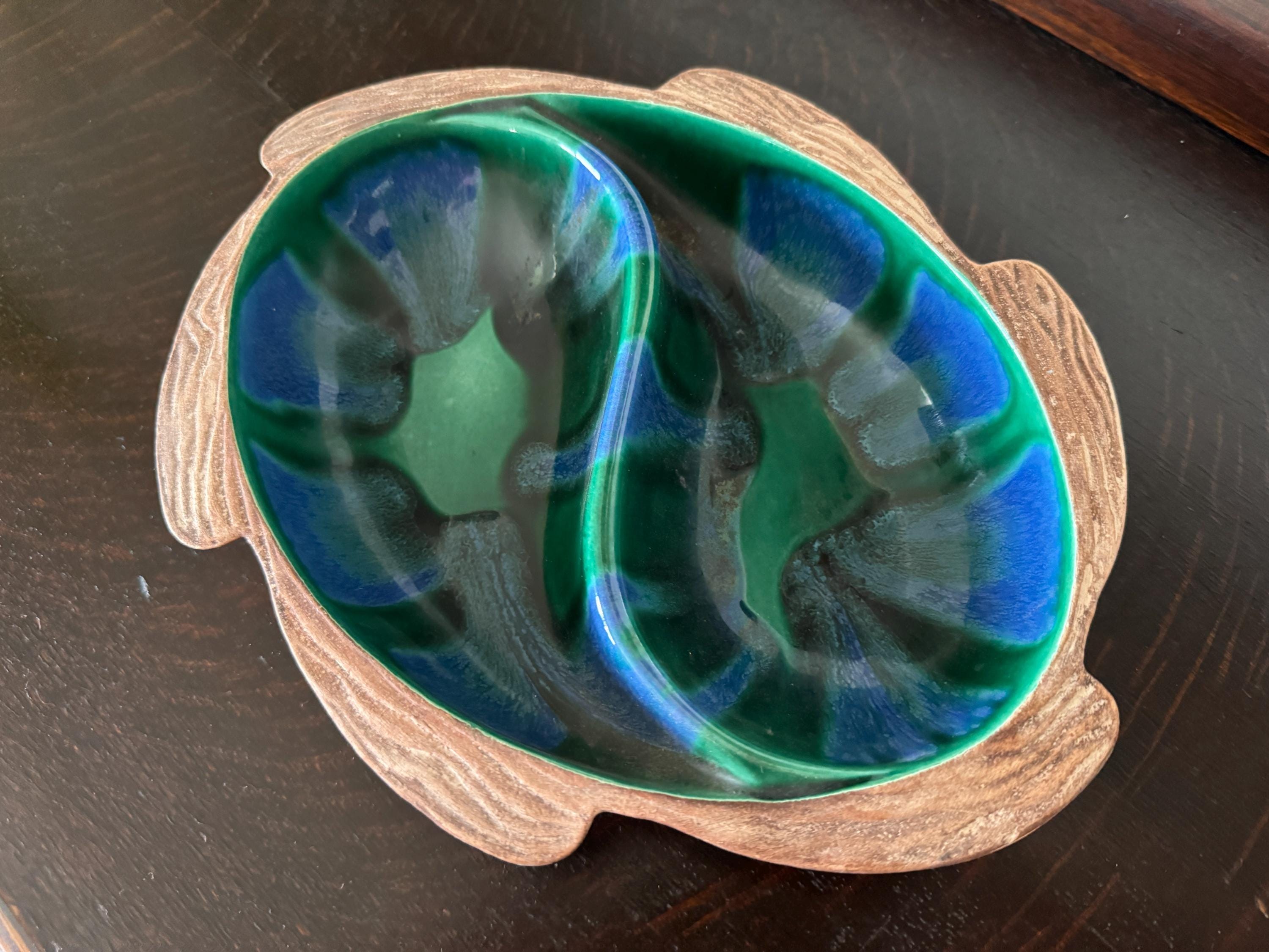Vintage Scalloped Drip Glaze Pottery Divided Bowl Vintage Divided ...