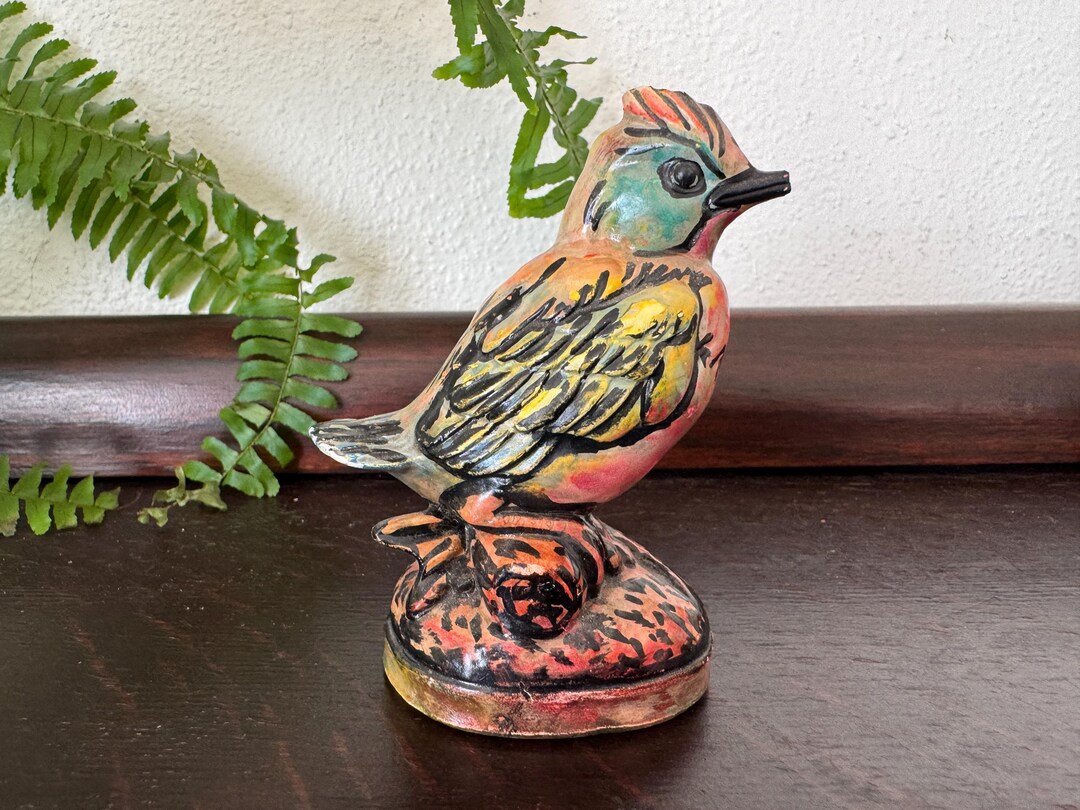 Vintage Folk Art Pottery Bird Vintage Hand Painted Songbird Figurine ...