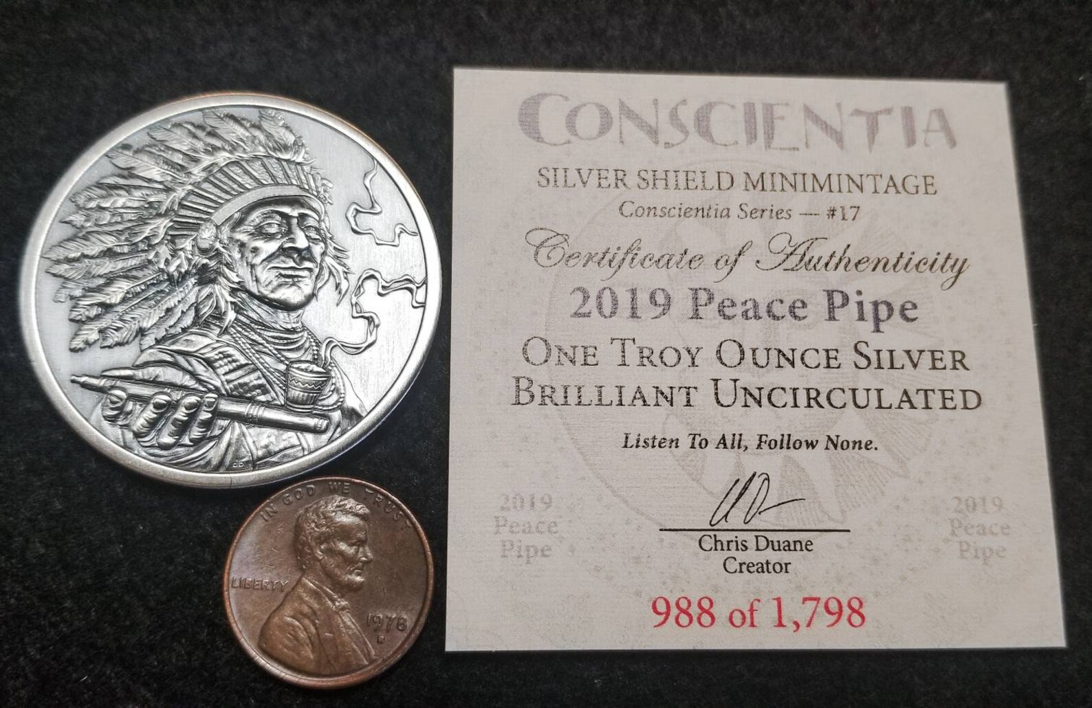 The 'peace Pipe' Silver Shield Mini-mintage, 1 Troy Ounce of Rare ...