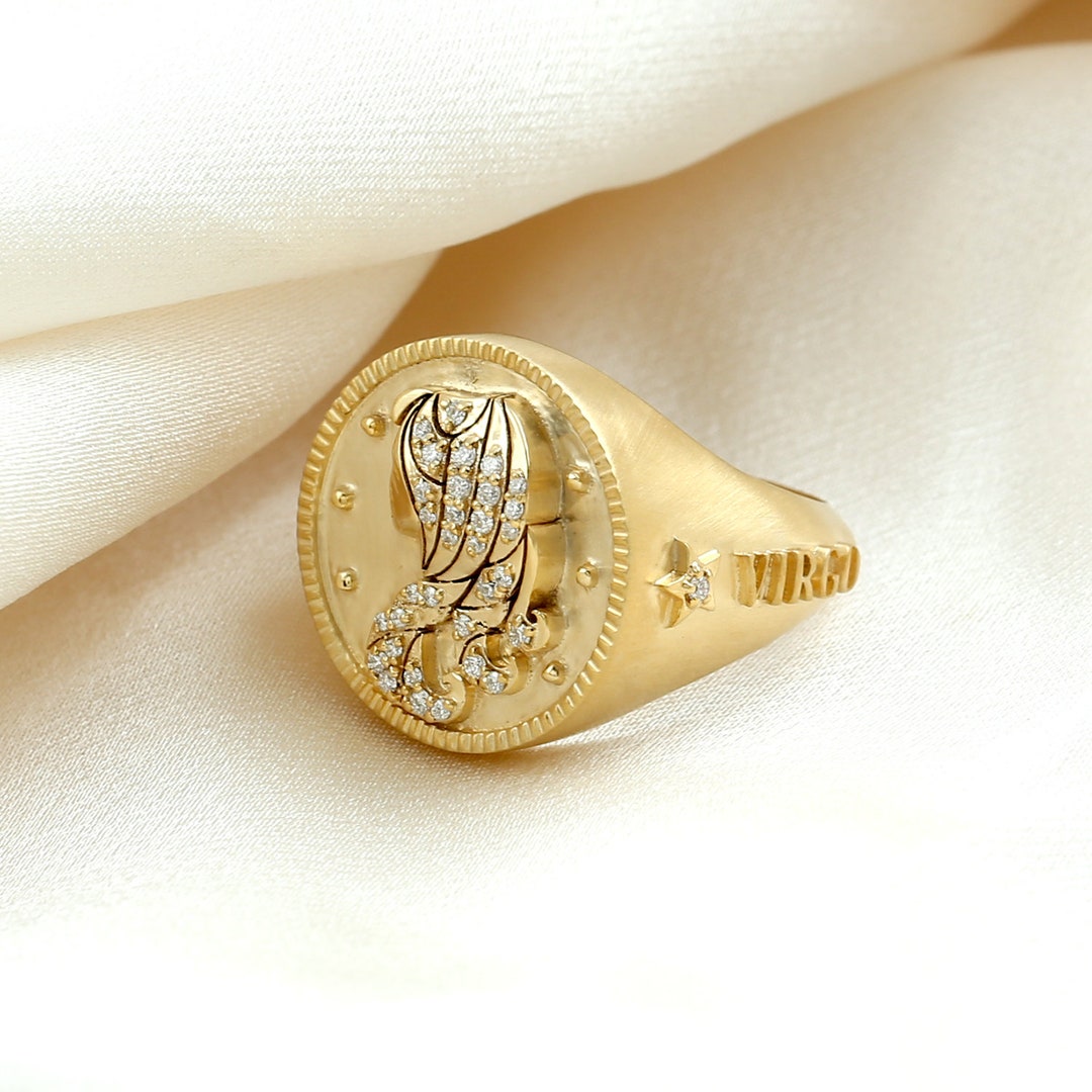 Virgo Signet Ring, Real Diamond Virgo Ring, 14k Yellow Gold Virgo Ring, Horoscope Ring ...