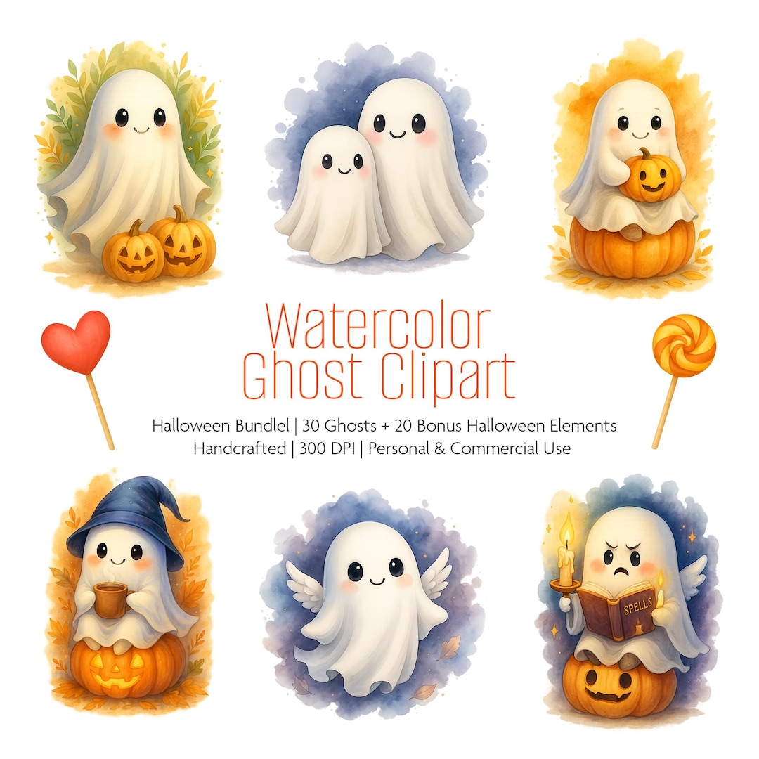 Watercolor Ghost Clipart Bundle | 30 Cute Halloween Ghosts PNG | Spooky ...