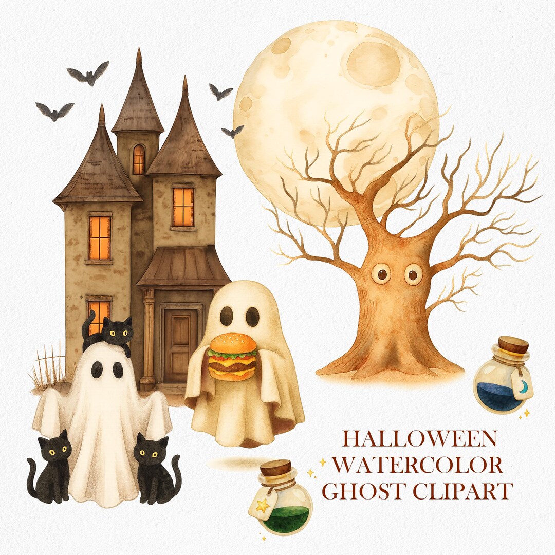 Watercolor Ghost Clipart Bundle – Cute Boho Halloween PNG Set With ...