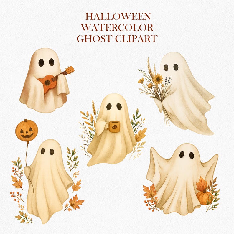 Watercolor Ghost Clipart Bundle – Cute Boho Halloween PNG Set With ...