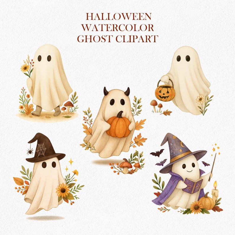 Watercolor Ghost Clipart Bundle – Cute Boho Halloween PNG Set With ...