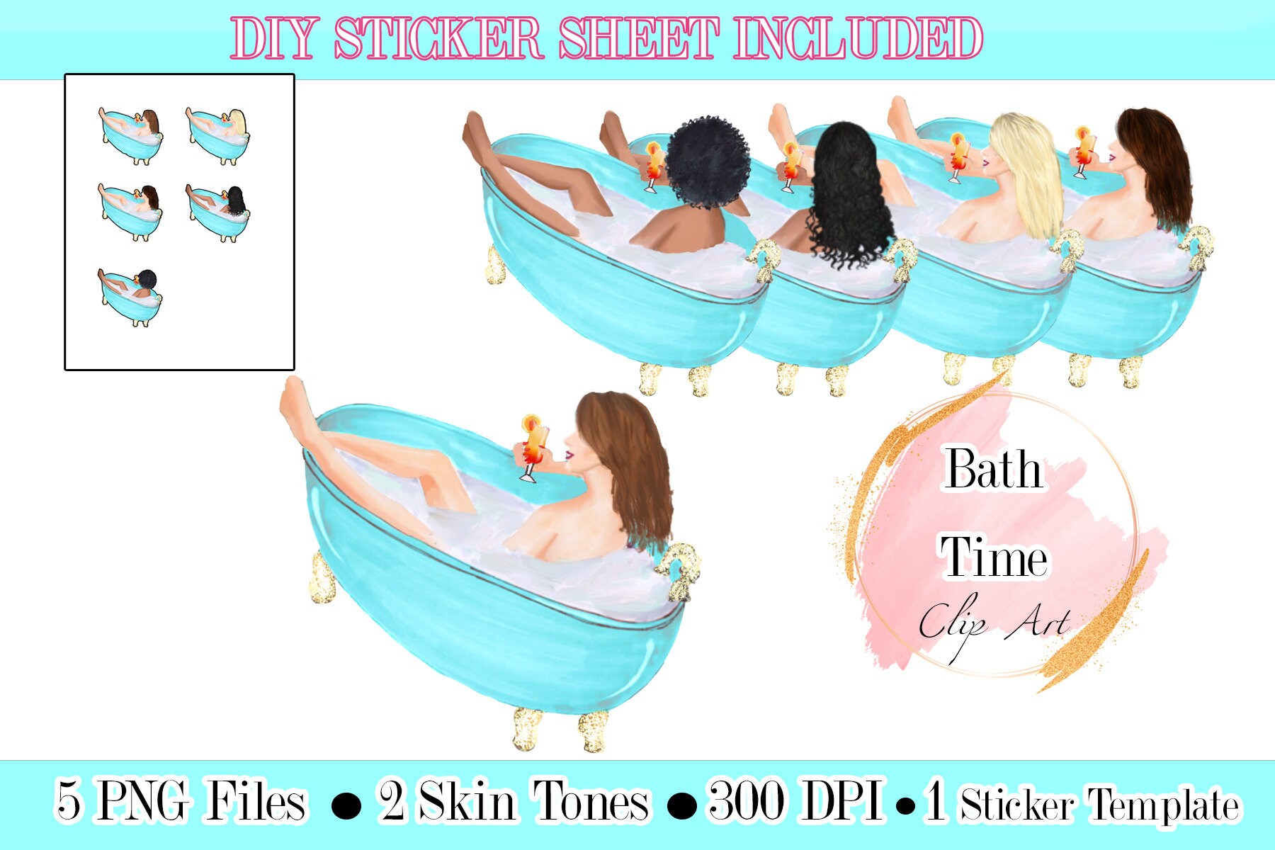 Girl in Bath Clipart, Planner Clipart, Bath Tub Clip Art, Bubble Bath ...