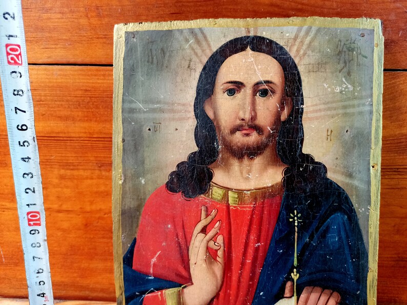 An Ancient Icon of Jesus Christ Painted in Oil Paints on Wood - 19th ...
