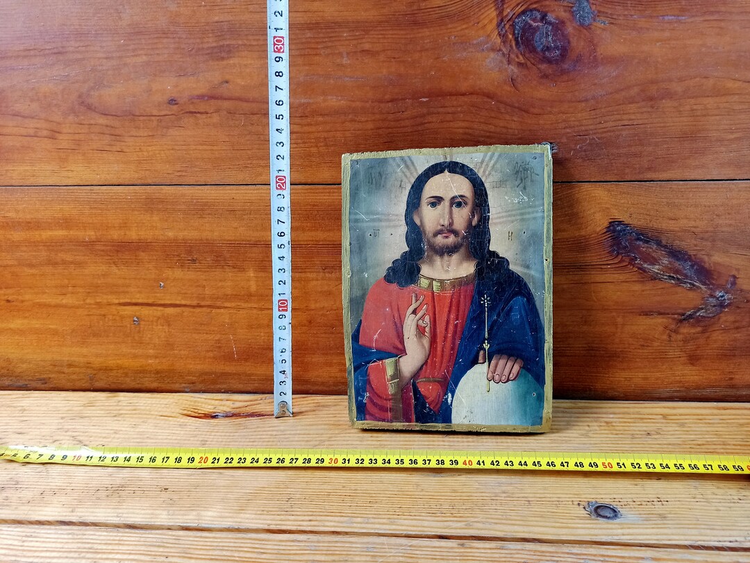 An Ancient Icon of Jesus Christ Painted in Oil Paints on Wood - 19th ...