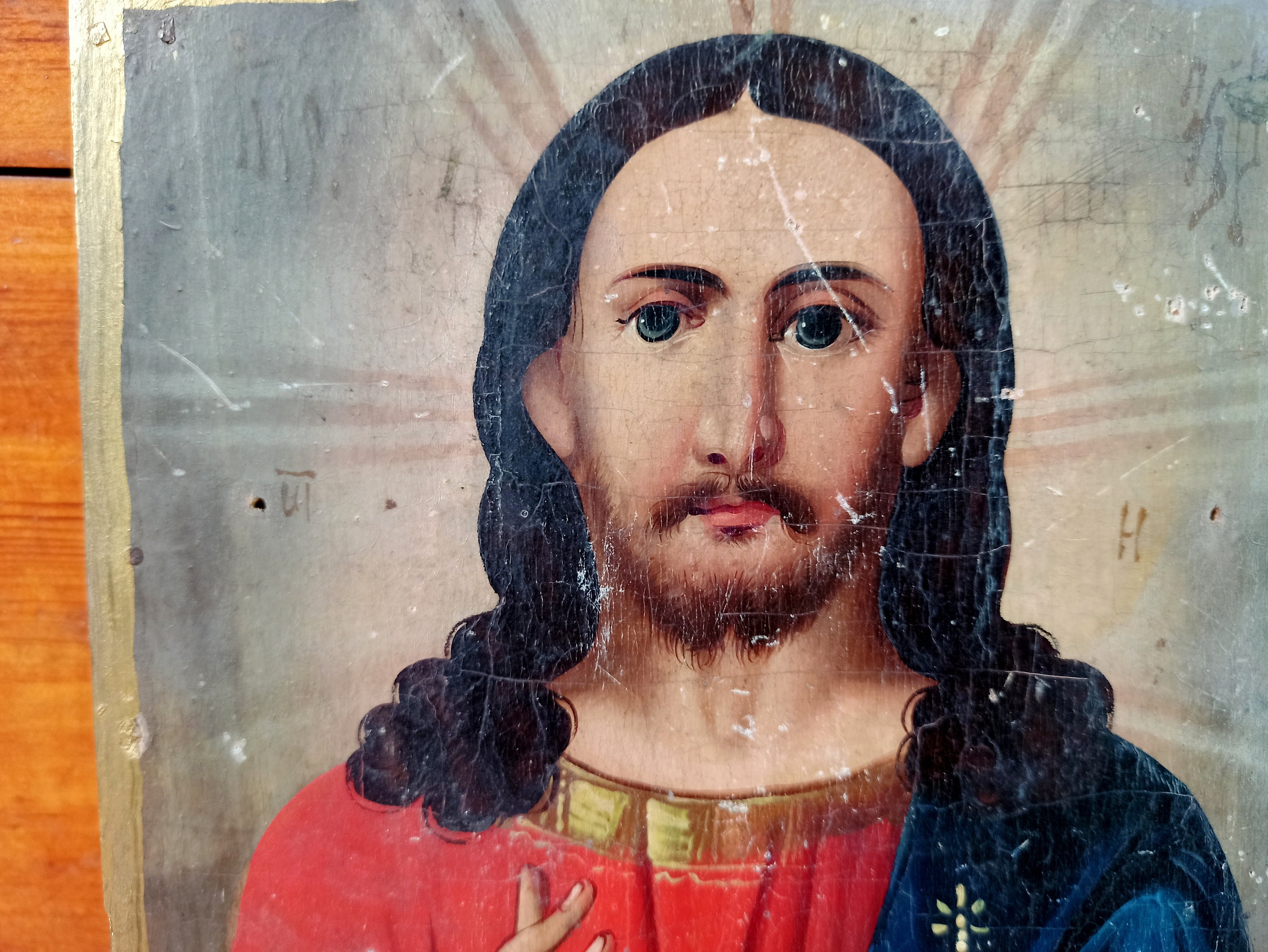 An Ancient Icon of Jesus Christ Painted in Oil Paints on Wood - 19th ...
