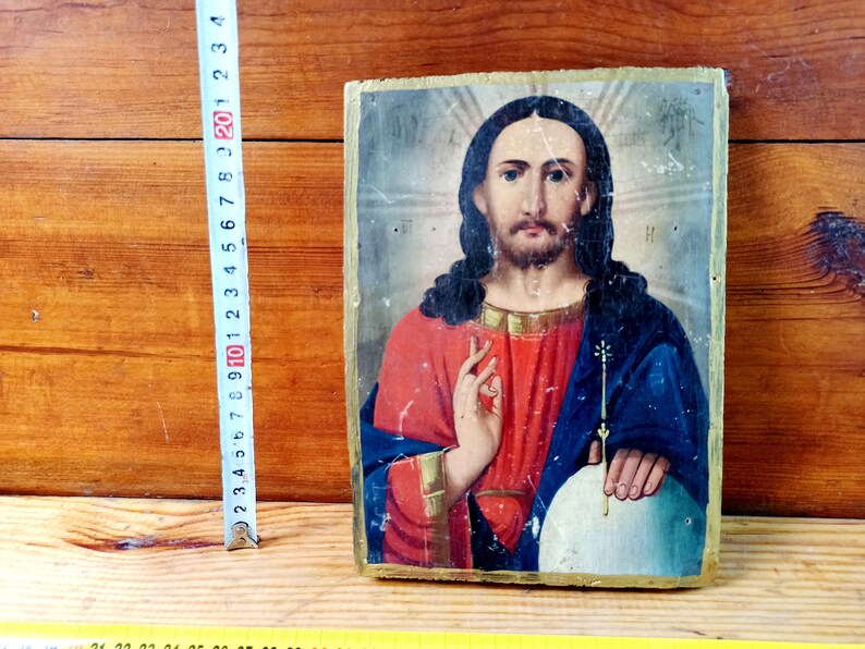 An Ancient Icon of Jesus Christ Painted in Oil Paints on Wood - 19th ...