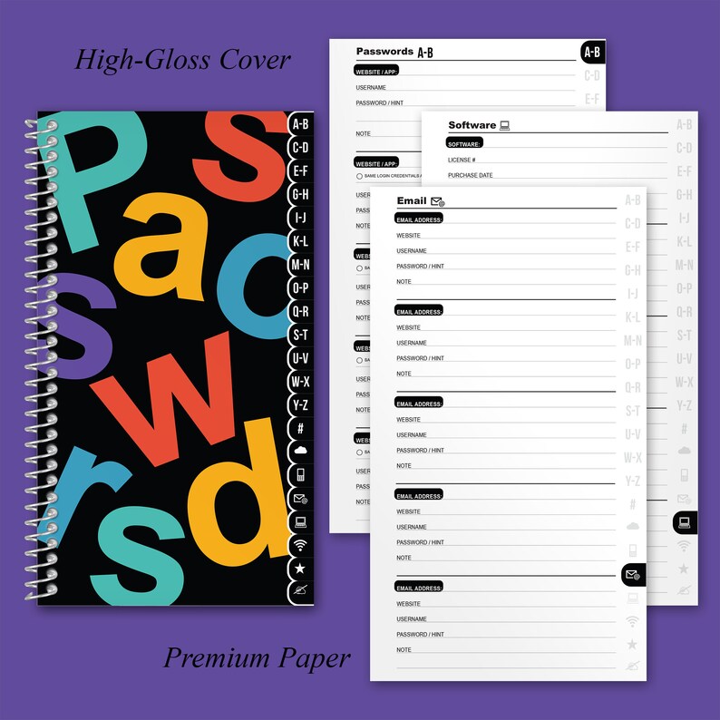 Modern Password Logbook - A-Z Sections - Record Usernames & Passwords ...