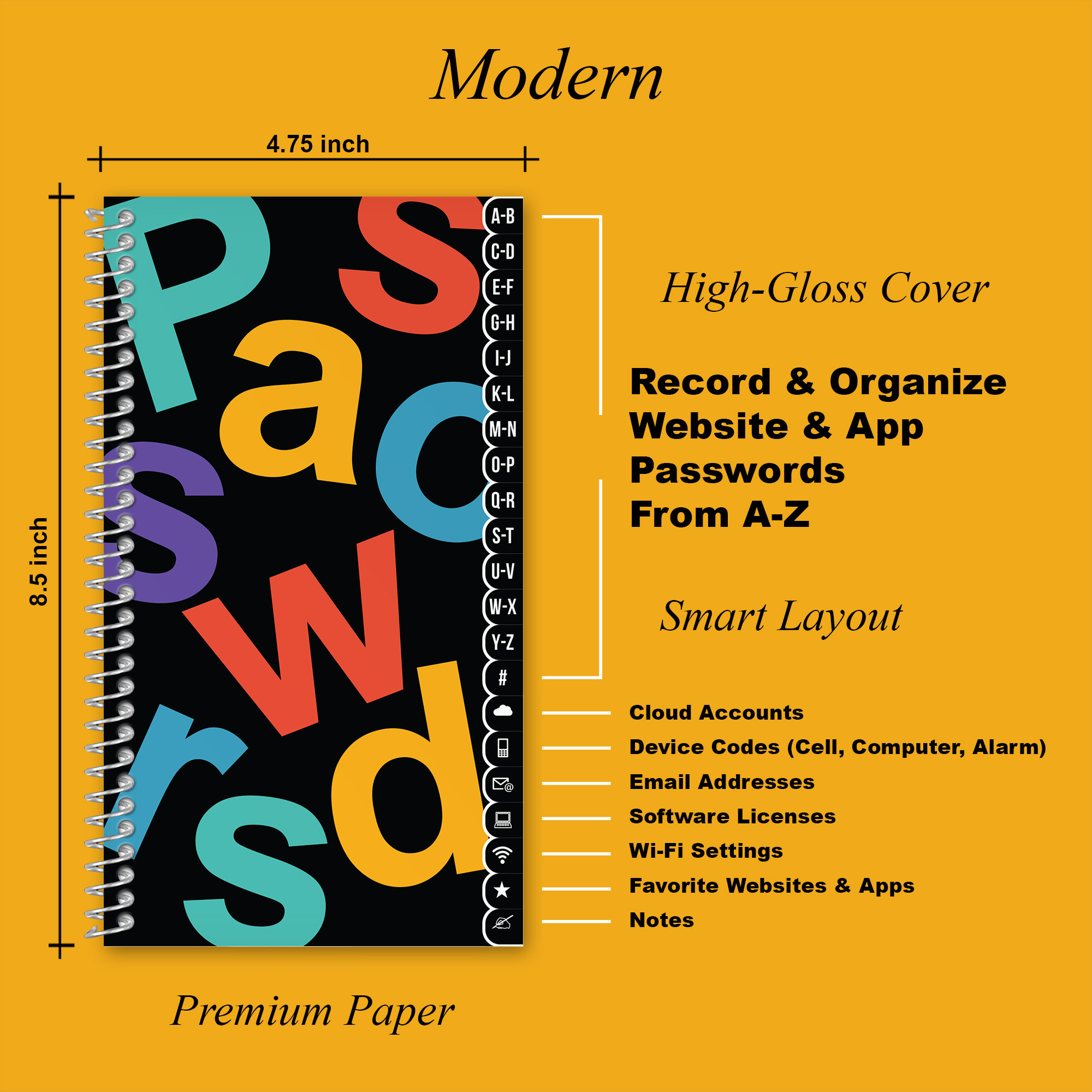 Modern Password Logbook - A-Z Sections - Record Usernames & Passwords ...