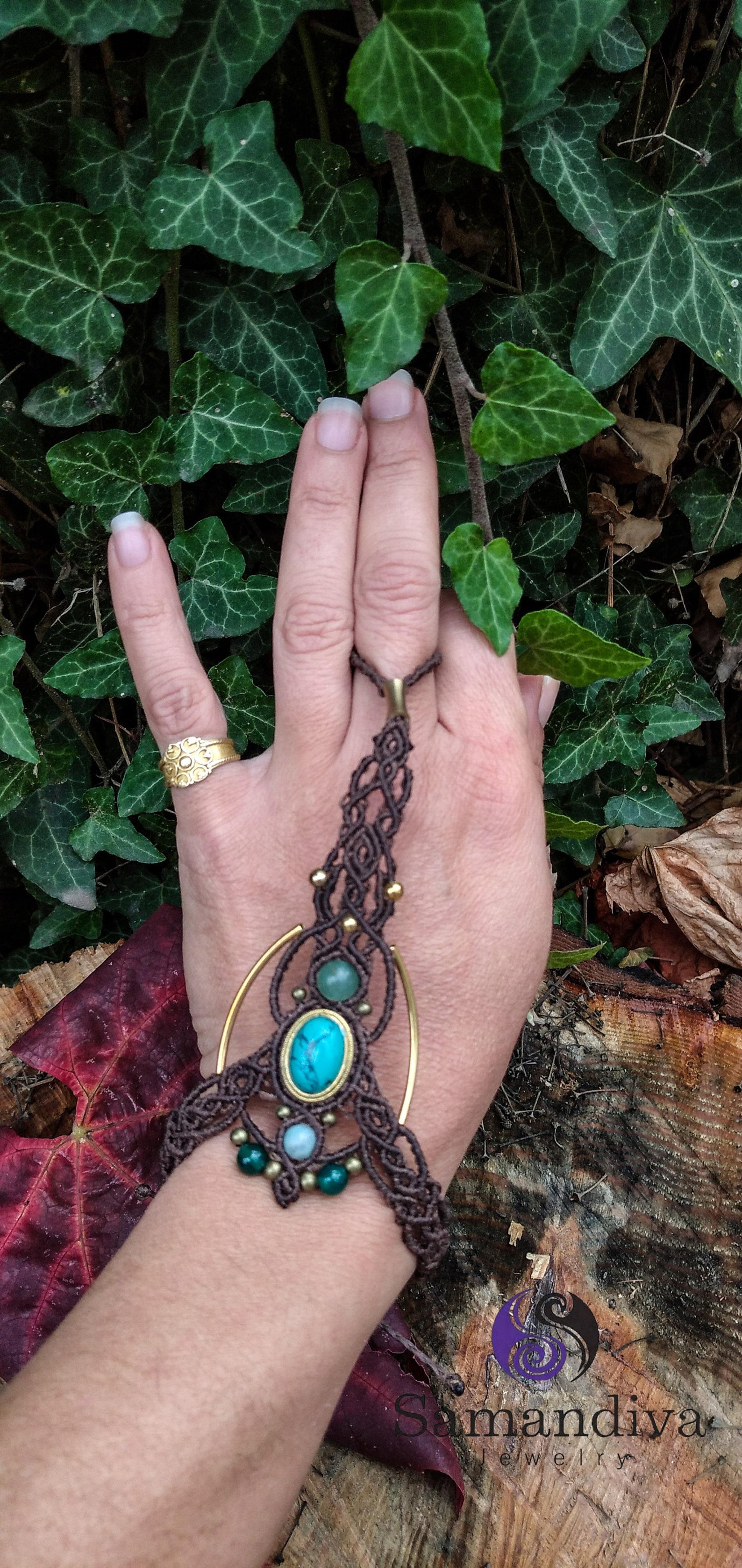 Turquoise Micro-macrame Brown Slave Bracelet, Crystal Ring Bracelet ...