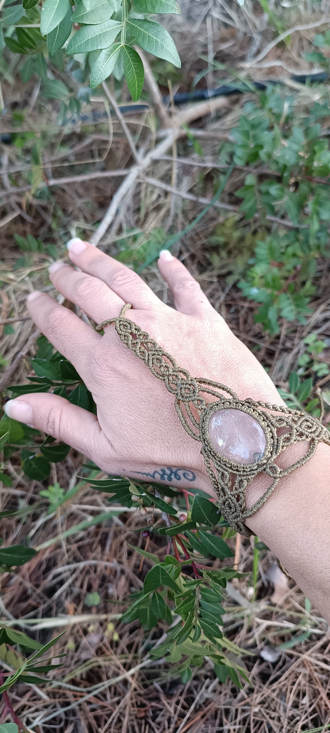 Clear Quartz Micro-macrame Slave Bracelet, Crystal Ring Bracelet, Harem ...
