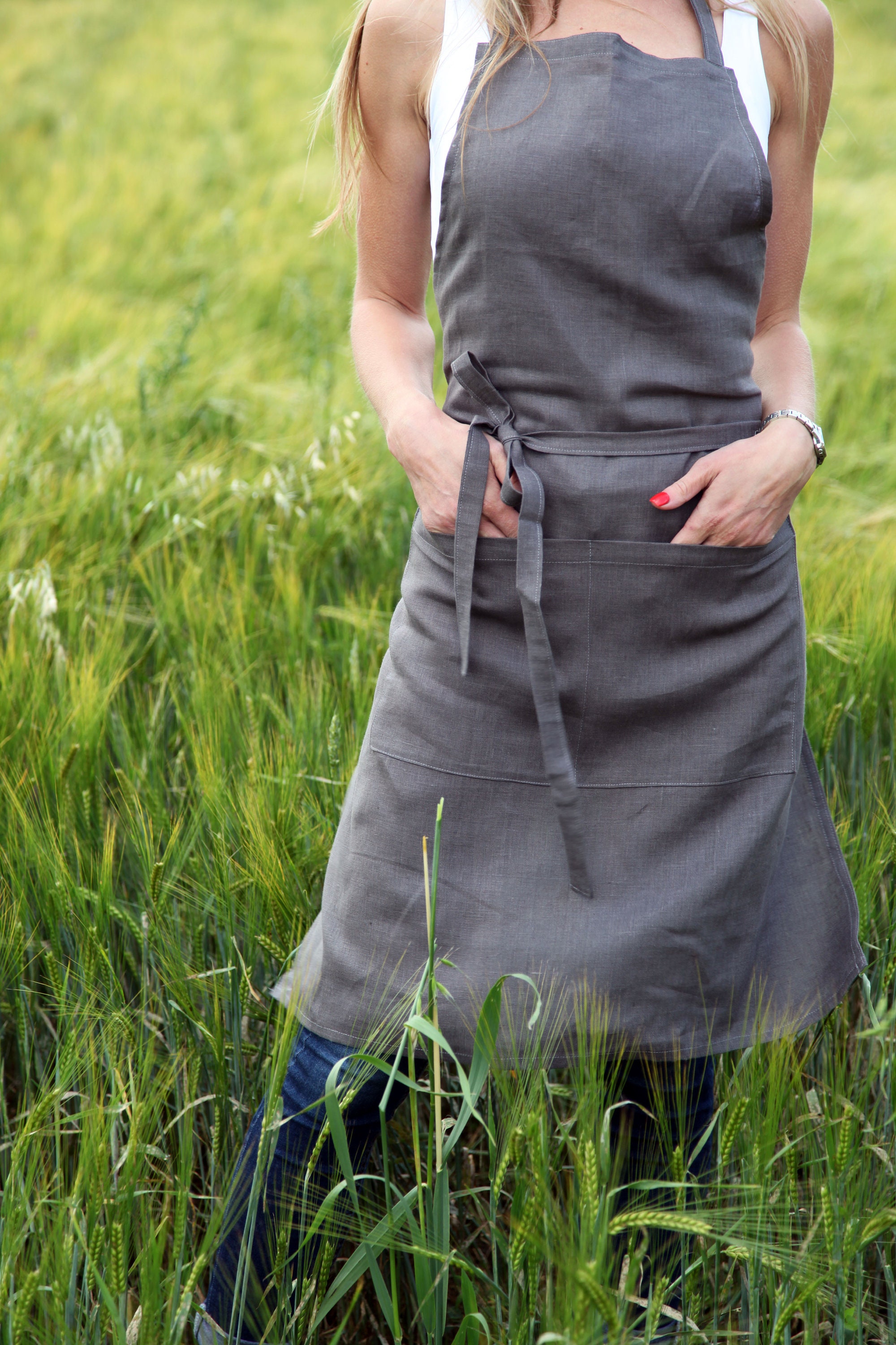 Linen Apron / Washed Linen Apron for Cooking Gardening / Full - Etsy