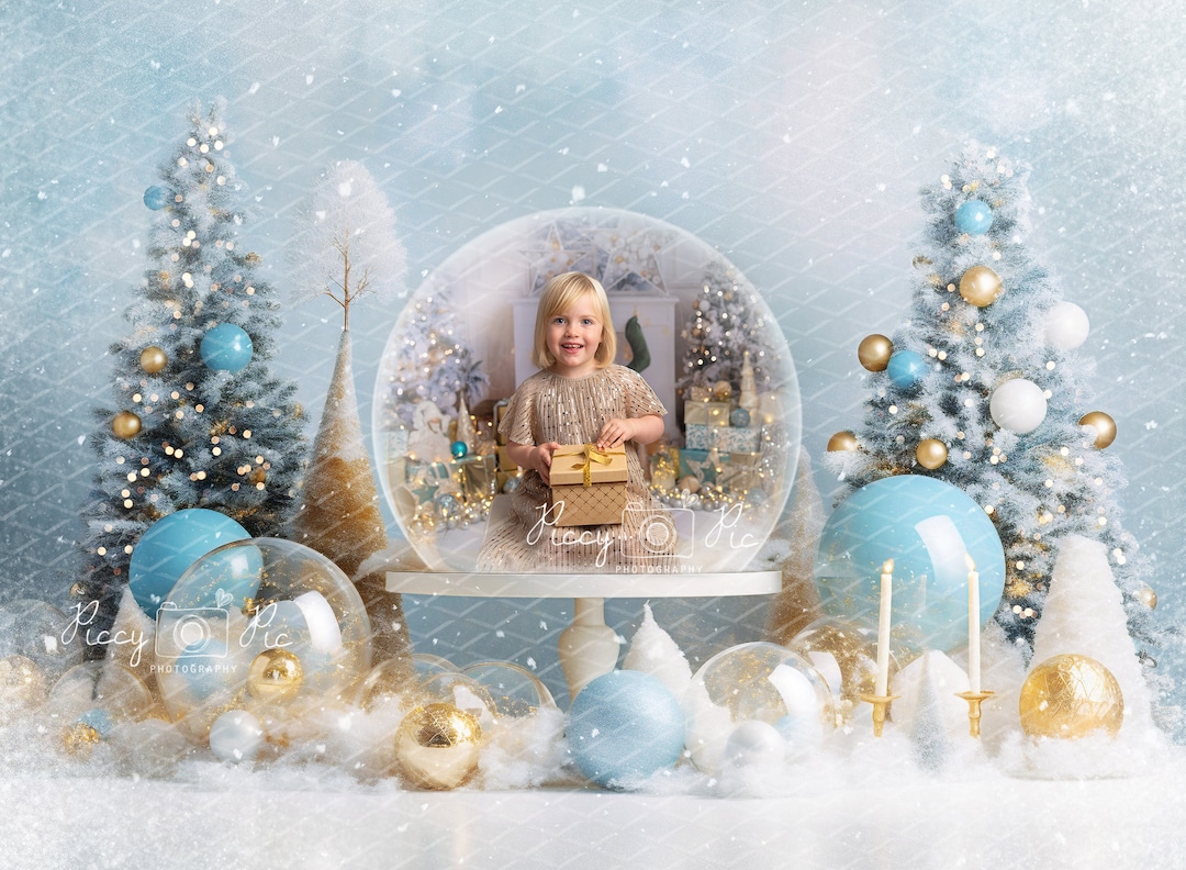 Snow Globe Set of 3, Blue Gold Winter, Christmas Snow Globe, Digital ...