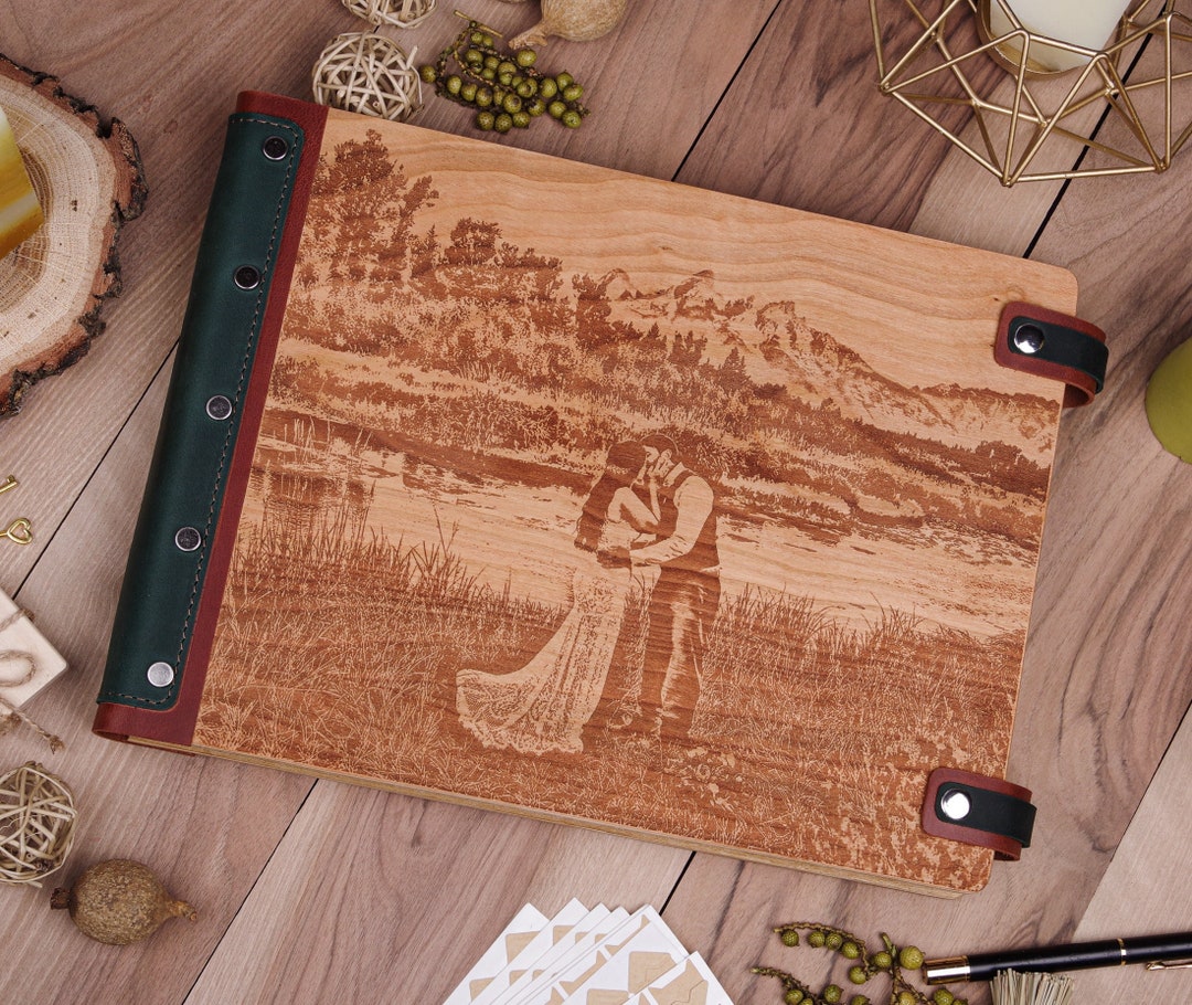 Personalized Wedding Photo Album: Engraved Wood & Leather Guestbook - Etsy