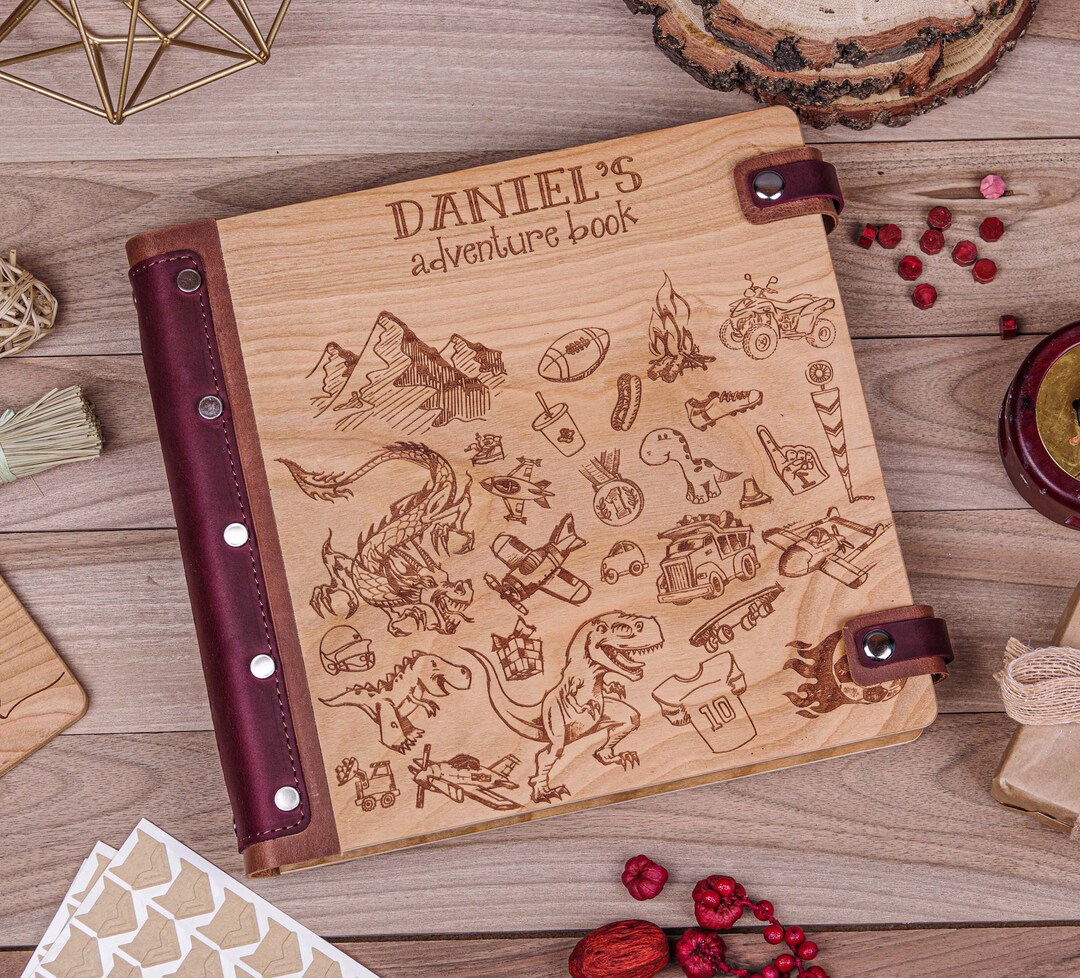 Personalized Wooden Adventure Scrapbook: Engraved Leather Photo Album ...