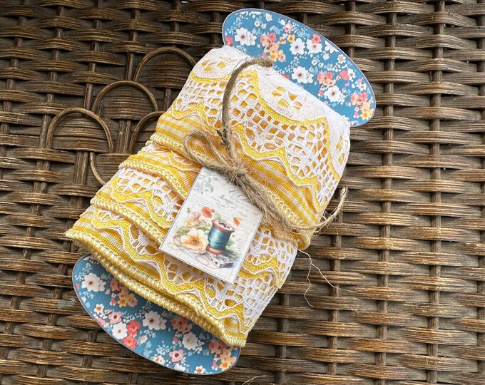 Vintage Ruffle Trim Light Gingham Yellow Check With Lace Fabric 2 Yards ...